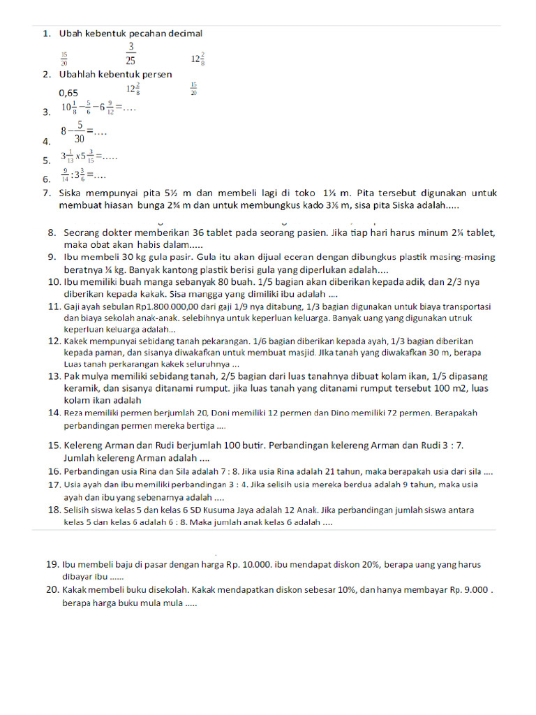 soal mtk soal pecahan kelas 5 | PDF