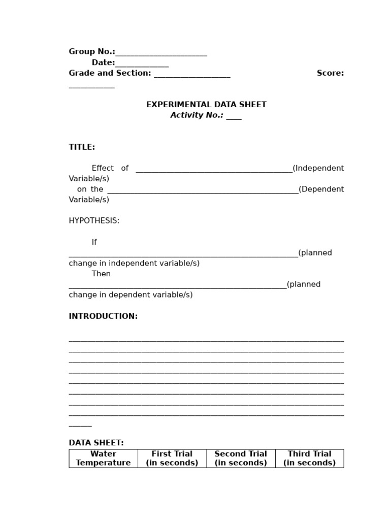 Experimental Data Sheet Template | PDF | Dependent And Independent ...