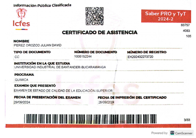 Certificado Asistencia Icfes Saber Pro | PDF