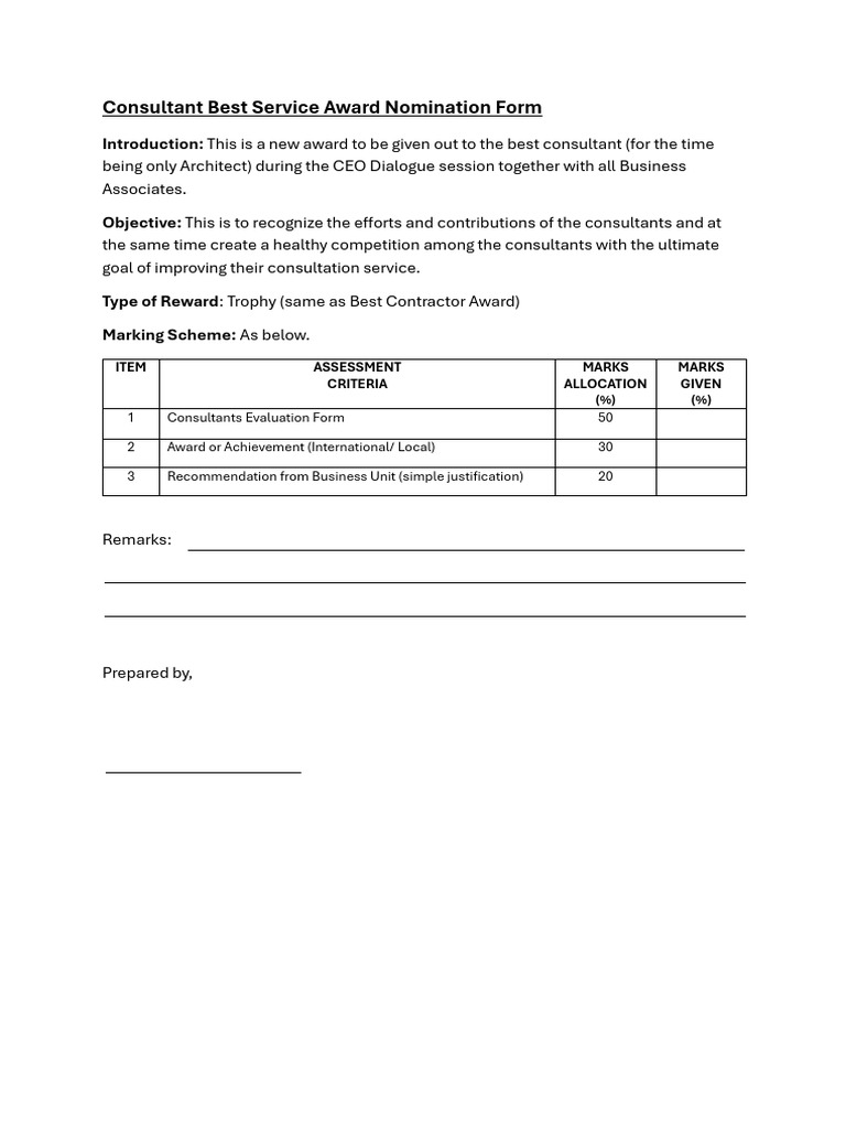 Consultant Best Service Award Nomination Pdf