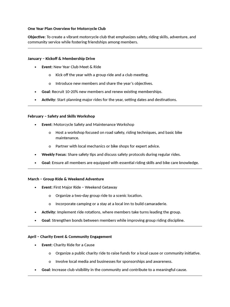 One Year Plan Overview for Motorcycle Club | PDF | Motorcycle