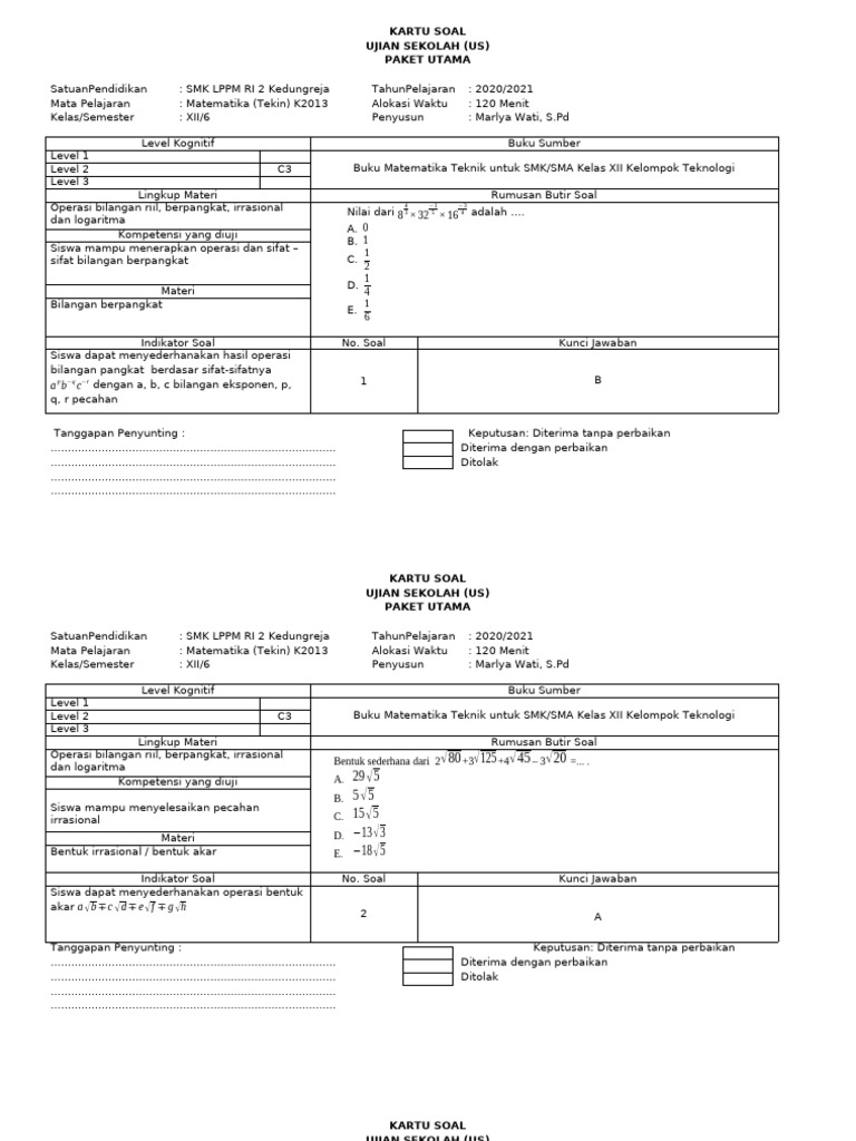 04 - Kartu Soal Utama 2020 - 2021 | PDF