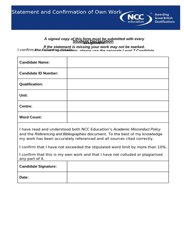 NCC Assignment Candidate Statement Form | PDF