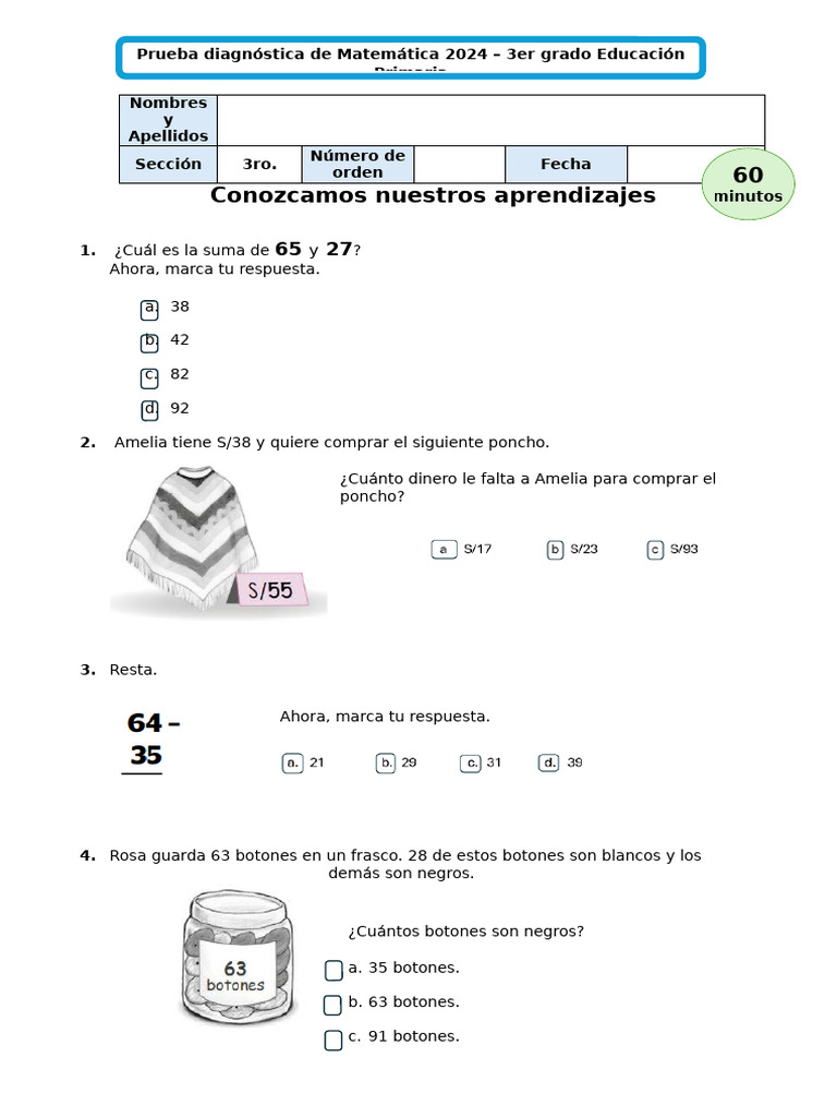 Prueba Diagnóstica Matemática 3er Grado 2024 | PDF