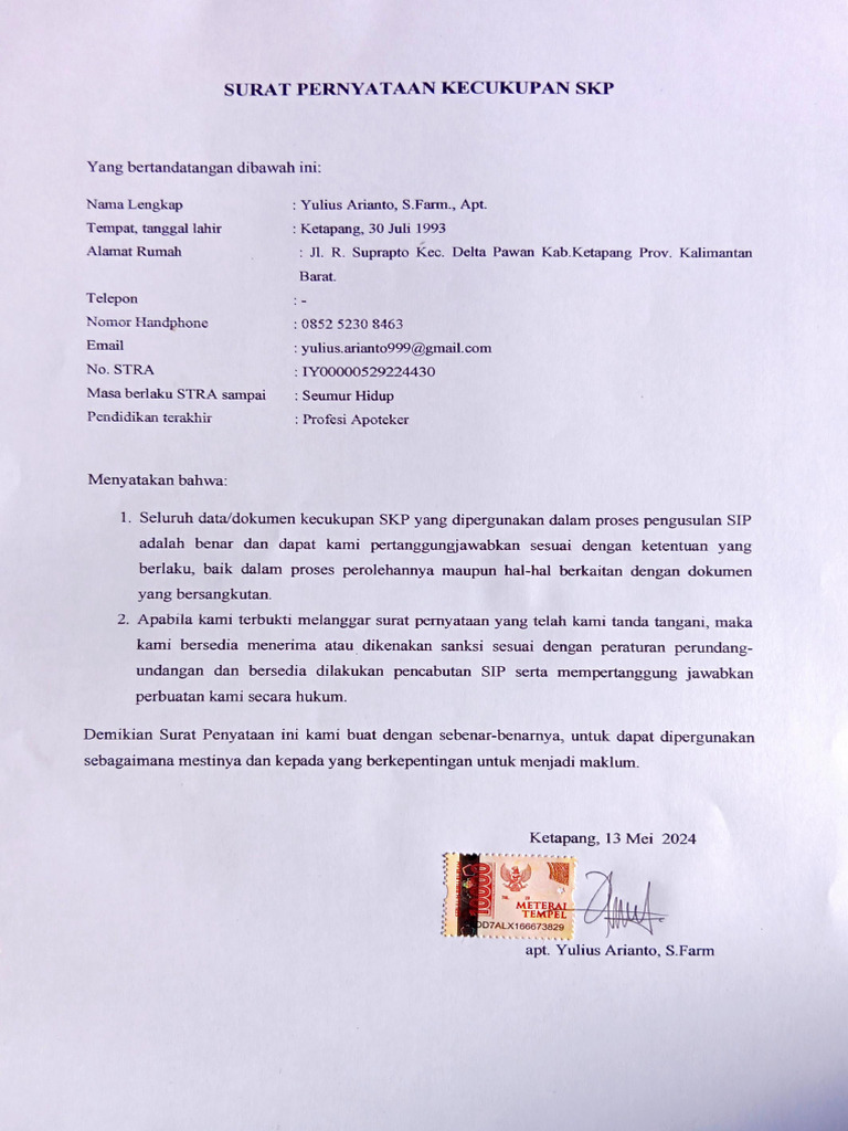 Surat Pernyataan Kecukupan SKP | PDF