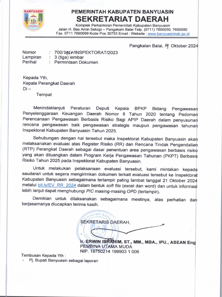 Surat Permintaan Dokumen Untuk Evaluasi RR Penyusunan PKPT 2025 | PDF