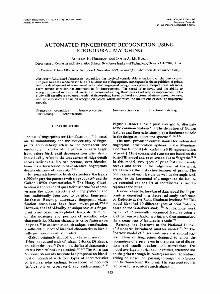 Automated Fingerprint Recognition Using Structural Matching Pdf Fingerprint Algorithms