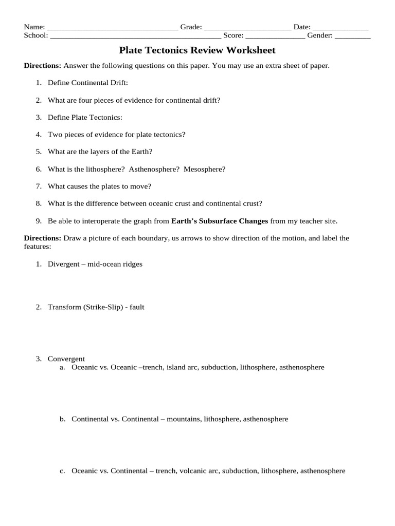 Plate Tectonics Review Worksheet | PDF | Plate Tectonics | Nature
