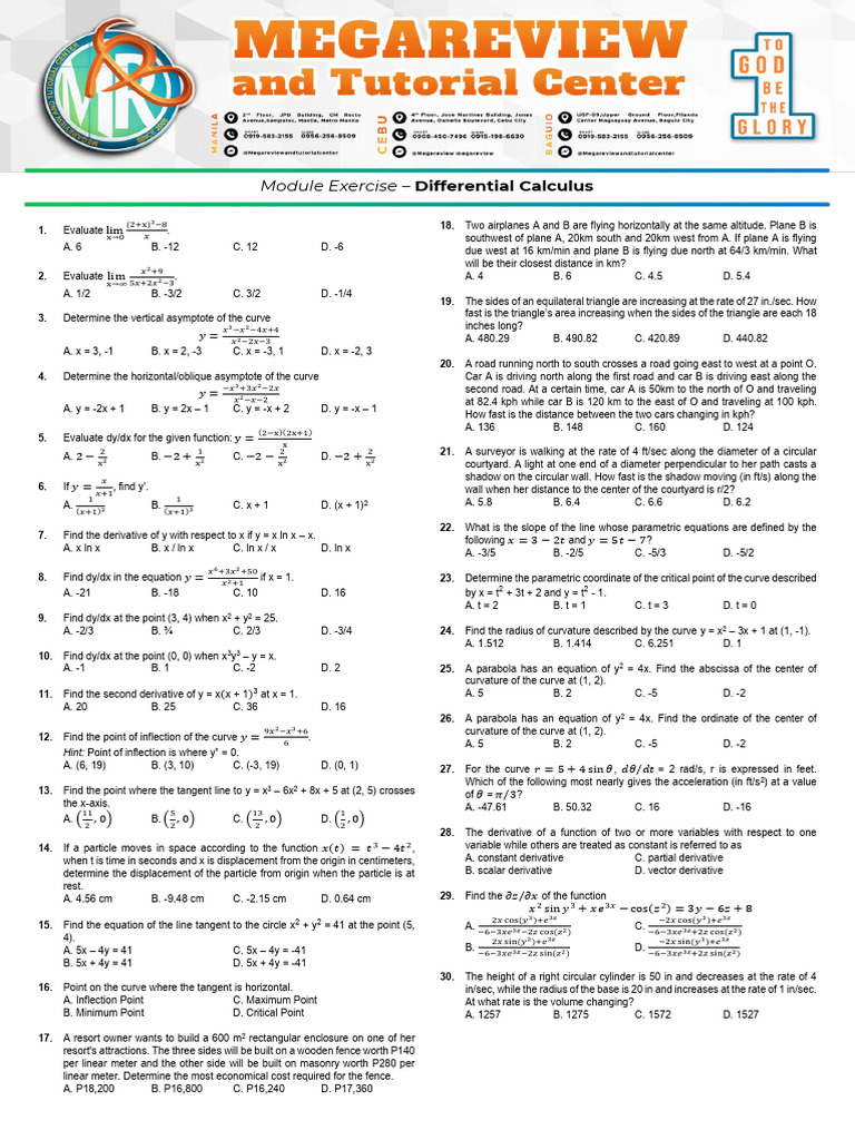 Module Exercise Differential Calculus | PDF | Derivative | Asymptote