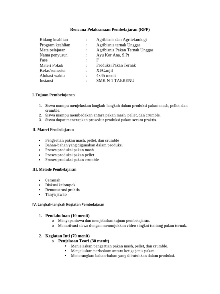 RPP Langkah-Langkah Produksi Pakan Mash, Pellet, Dan Crumble. | PDF ...