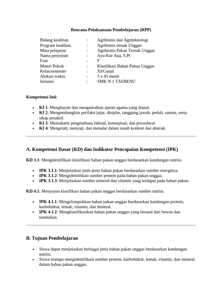 RPP Klasifikasi Bahan Pakan Unggas | PDF | Kesehatan Holistik | Sains & Matematika
