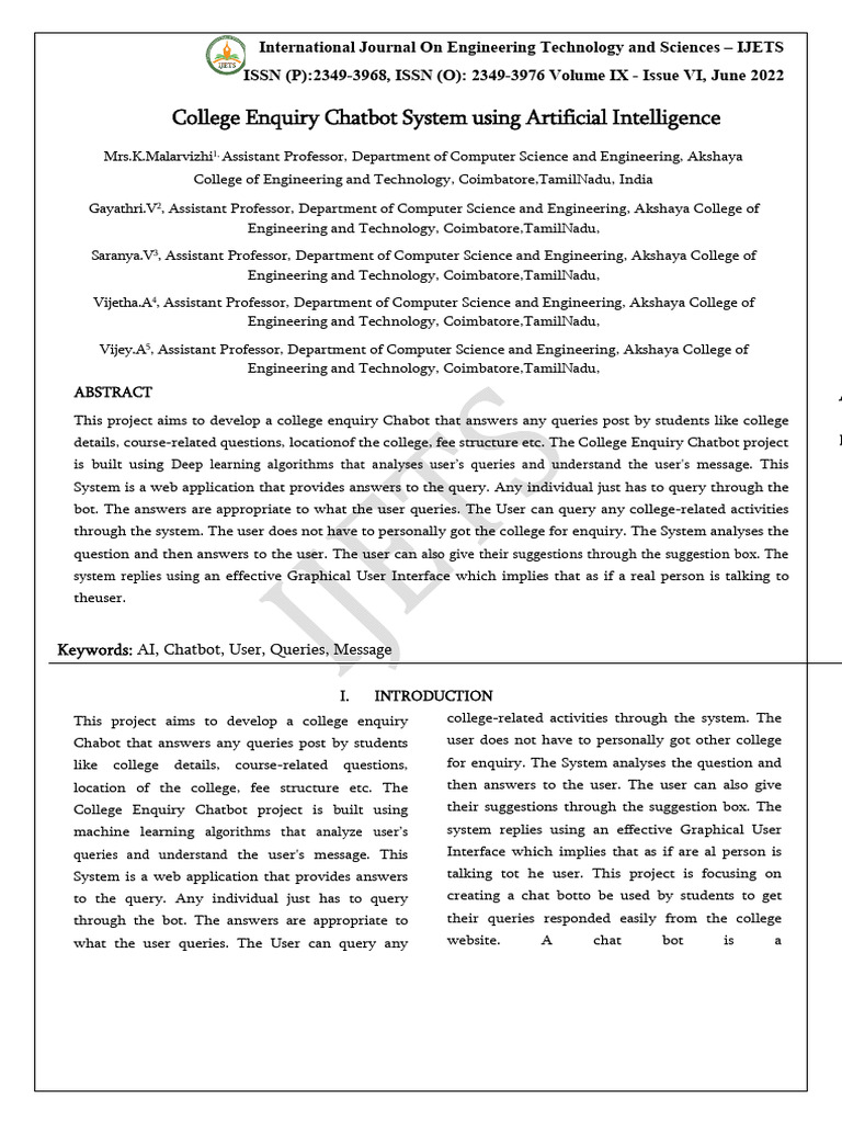 College Enquiry Chatbot System Using Artificial Intelligence | PDF ...