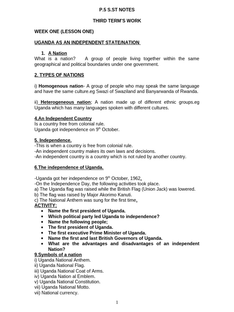 p5 SST Notes Third Term Uganda As An Independent Statenation | PDF ...