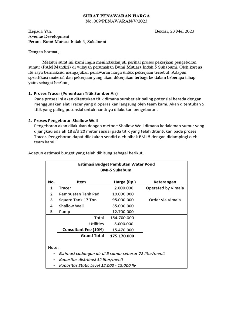 Surat Penawaran Harga Bmi-5 (Shallow Well) | PDF