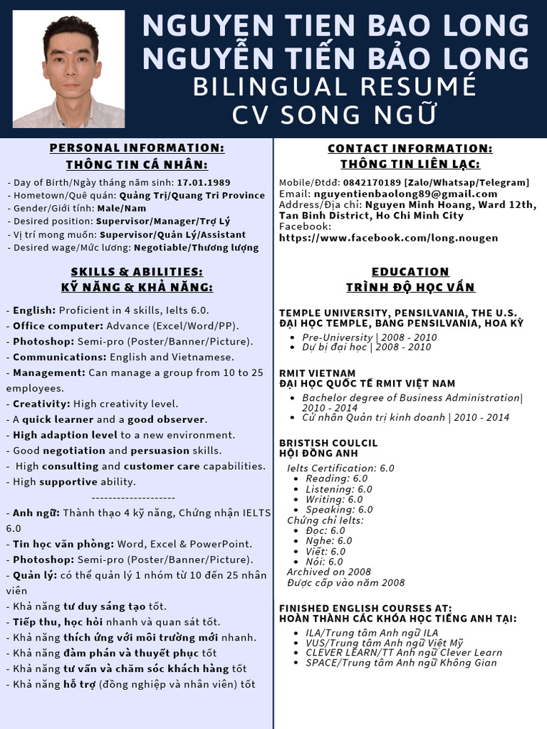 NGUYEN TIEN BAO LONG'S CV & COVER LETTER - Nguyễn Tiến Bảo Long | PDF