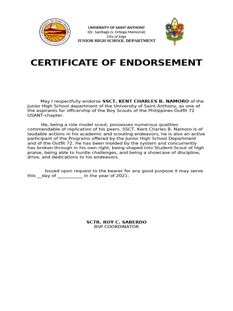 Endorsment Letter for Officership | PDF