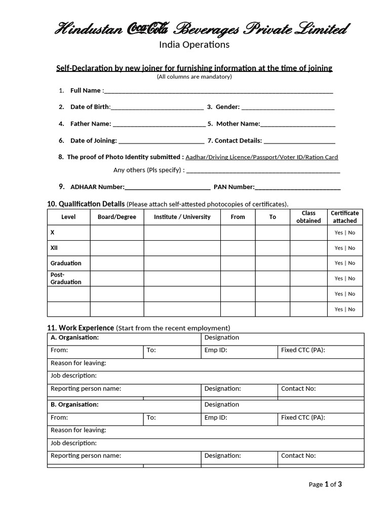 Self Declaration Form For New Joinees | PDF | Justice | Crime & Violence