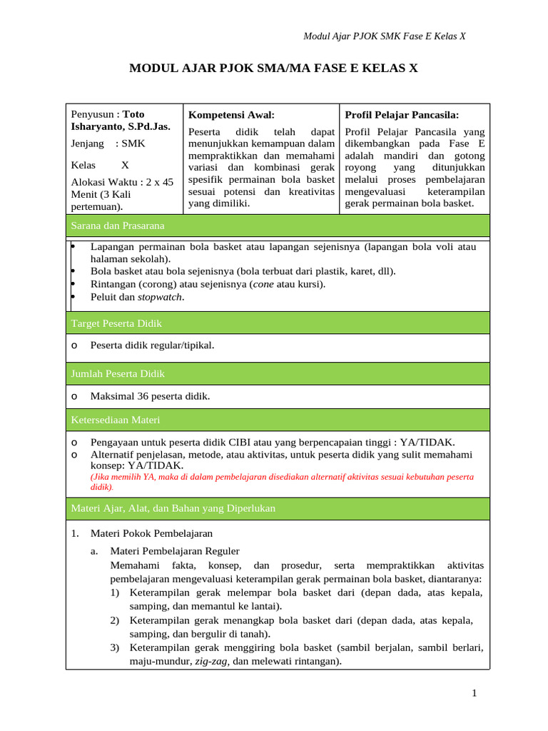 Modul Ajar Pjok Smama Fase e Kelas X Toto | PDF