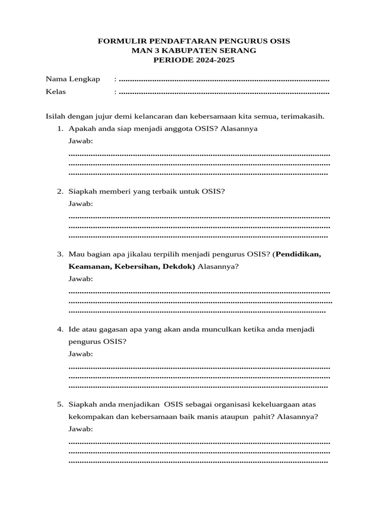 Formulir Pendaftaran Pengurus Osis | PDF