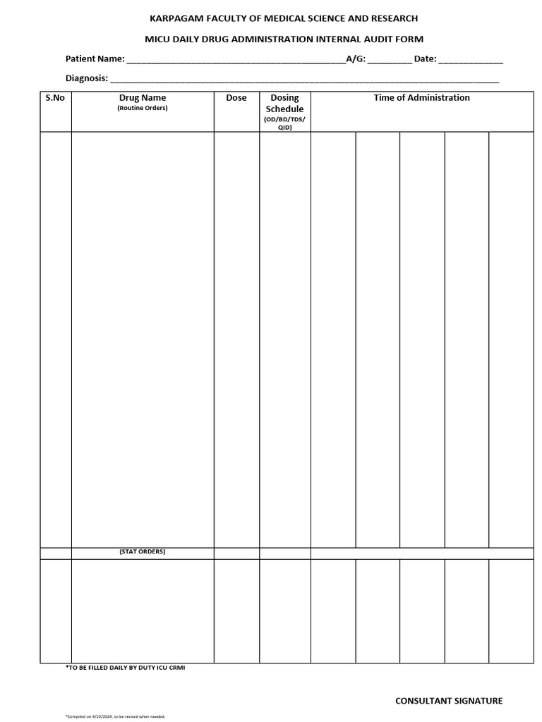MICU DAILY DRUG ADMINISTRATION INTERNAL AUDIT FORm | PDF