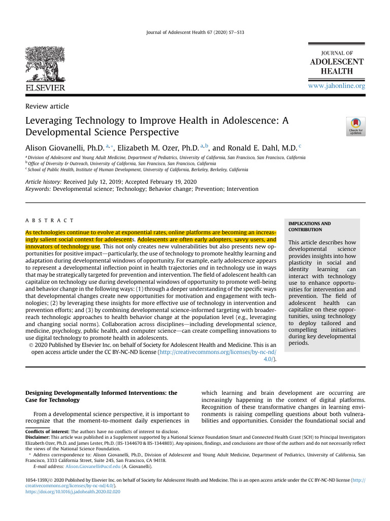 Technology's Role in Adolescent Health | PDF | Adolescence | Cognitive ...