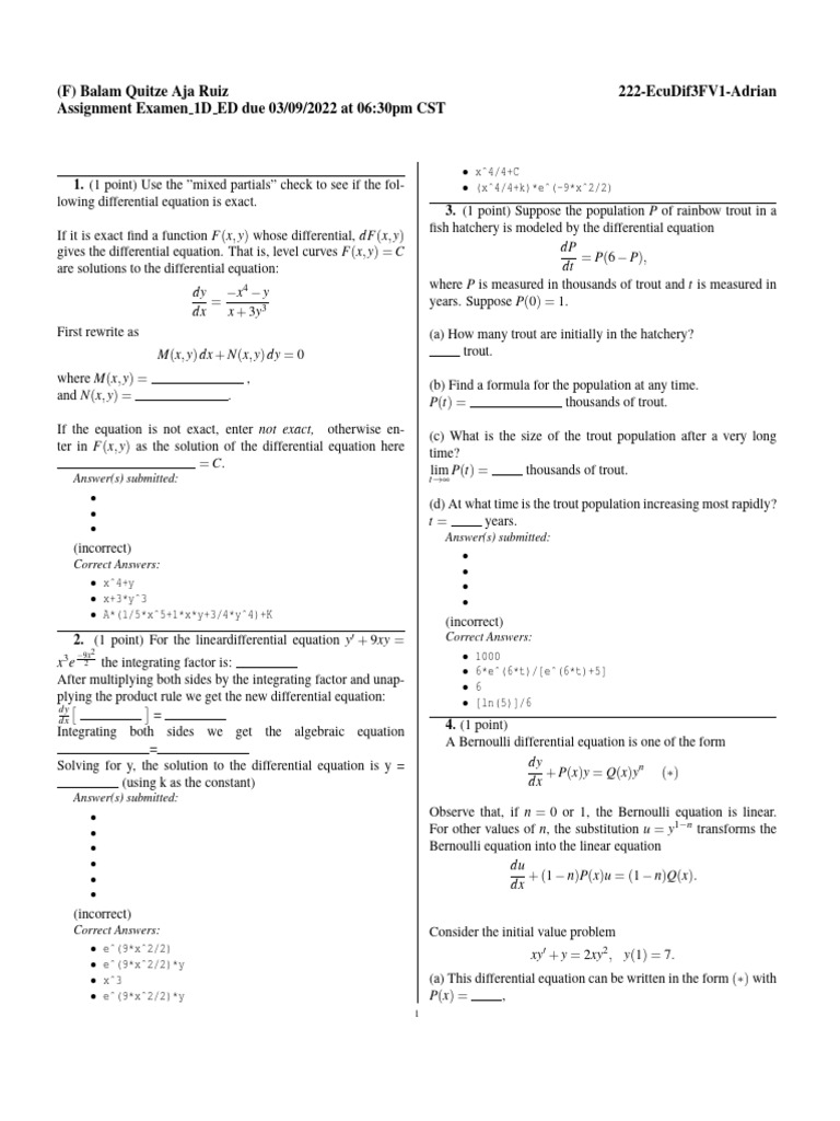 Differential Equations Assignment Solutions | PDF | Equations ...
