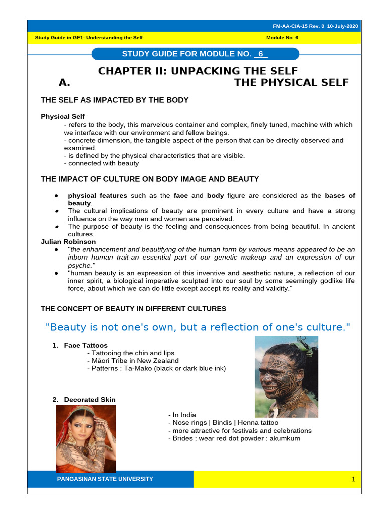 GE1 Module 6 Physical Self | PDF | Self Esteem | Body Image