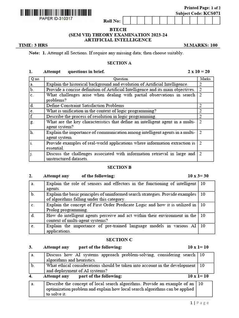 Kcs071 Artificial Intelligence | PDF | Artificial Intelligence | Intelligence (AI) & Semantics