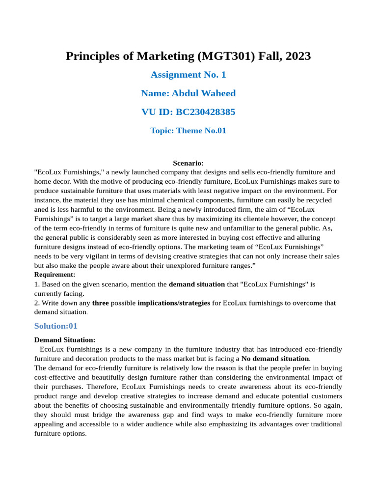 Assignment No. 1 (MGT301) - Principles of Marketing | PDF | Marketing | Sustainability