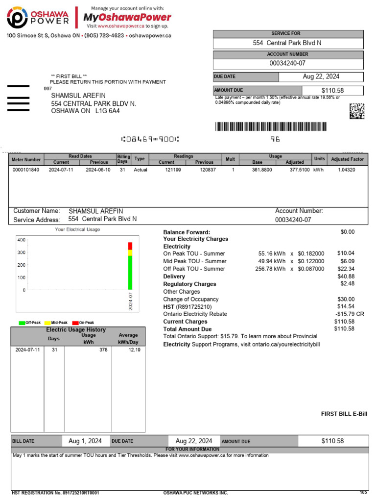 Oshawa Power Bill From June 10 To July 11 | PDF | Electrical ...