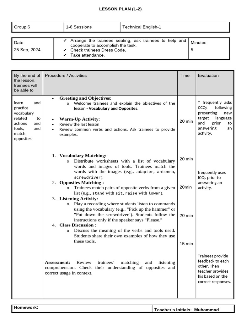 Lesson Plan-Technical english L-25 Sep | PDF | Vocabulary | Reading ...