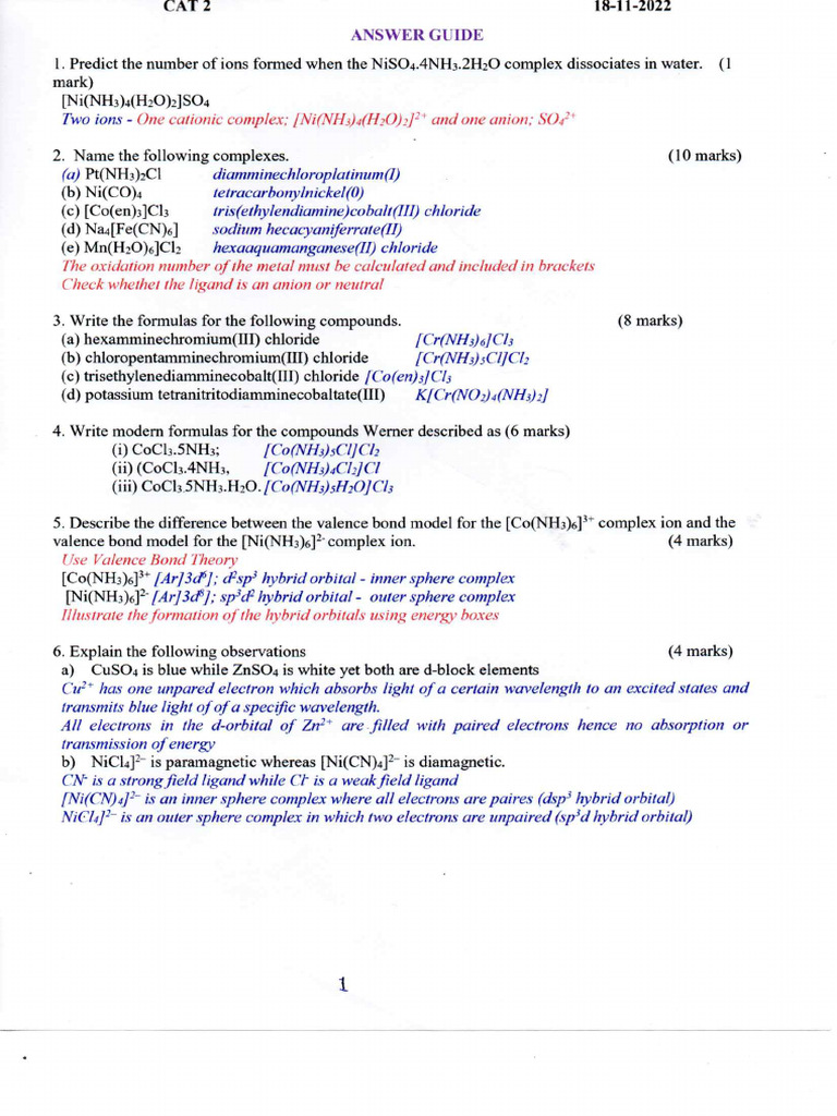 SCH 2301 Cat 2 Answer Guide | PDF