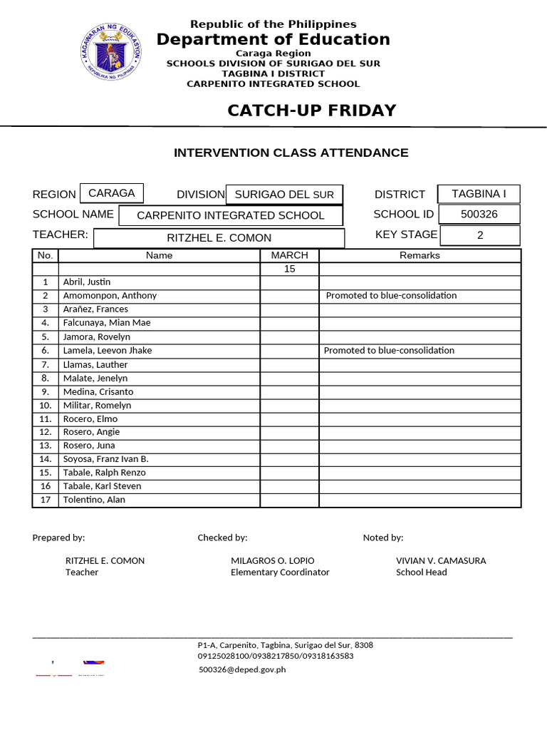 CATCH UP FRIDAY class attendance | PDF CATCH UP FRIDAY class attendance | PDF