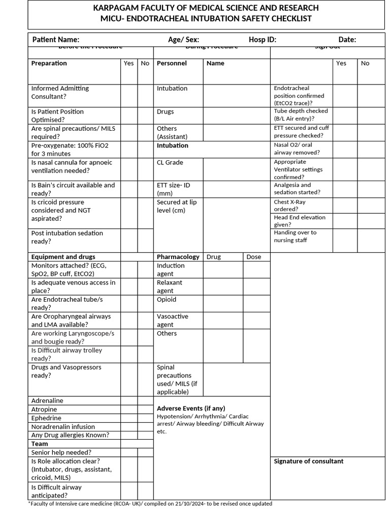 ETT Intubation Checklist | PDF | Intensive Care Unit | Medical Specialties