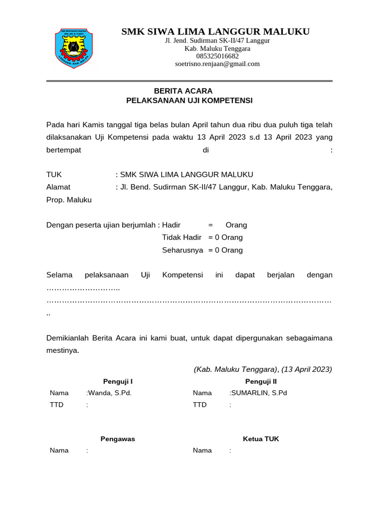 Berita Acara Uji Kompetensi 13 April 2023 | PDF