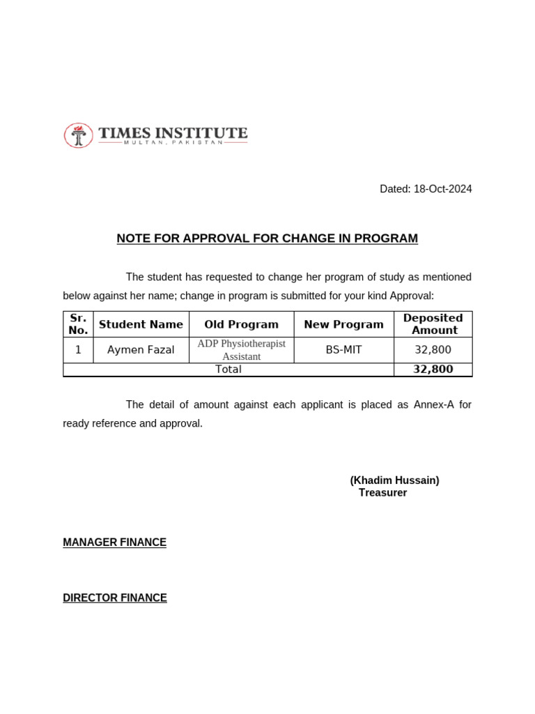 Note For Approval New For Program Change | PDF