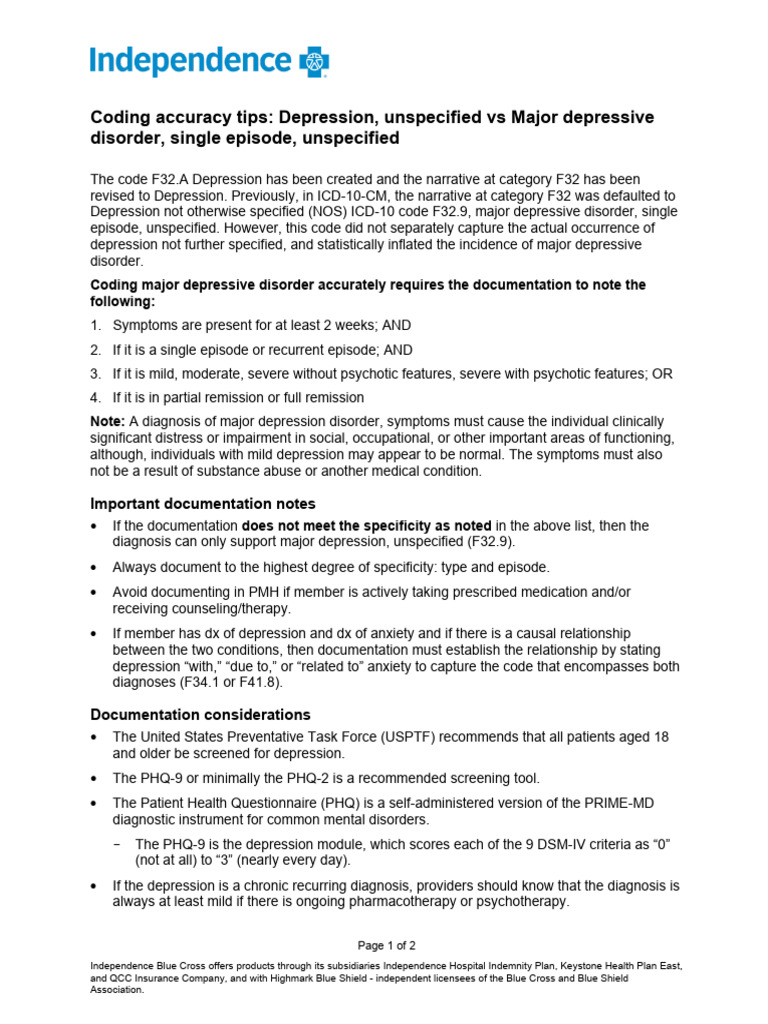 Cdi General Coding Tips MDD | PDF | Major Depressive Disorder | Mental ...
