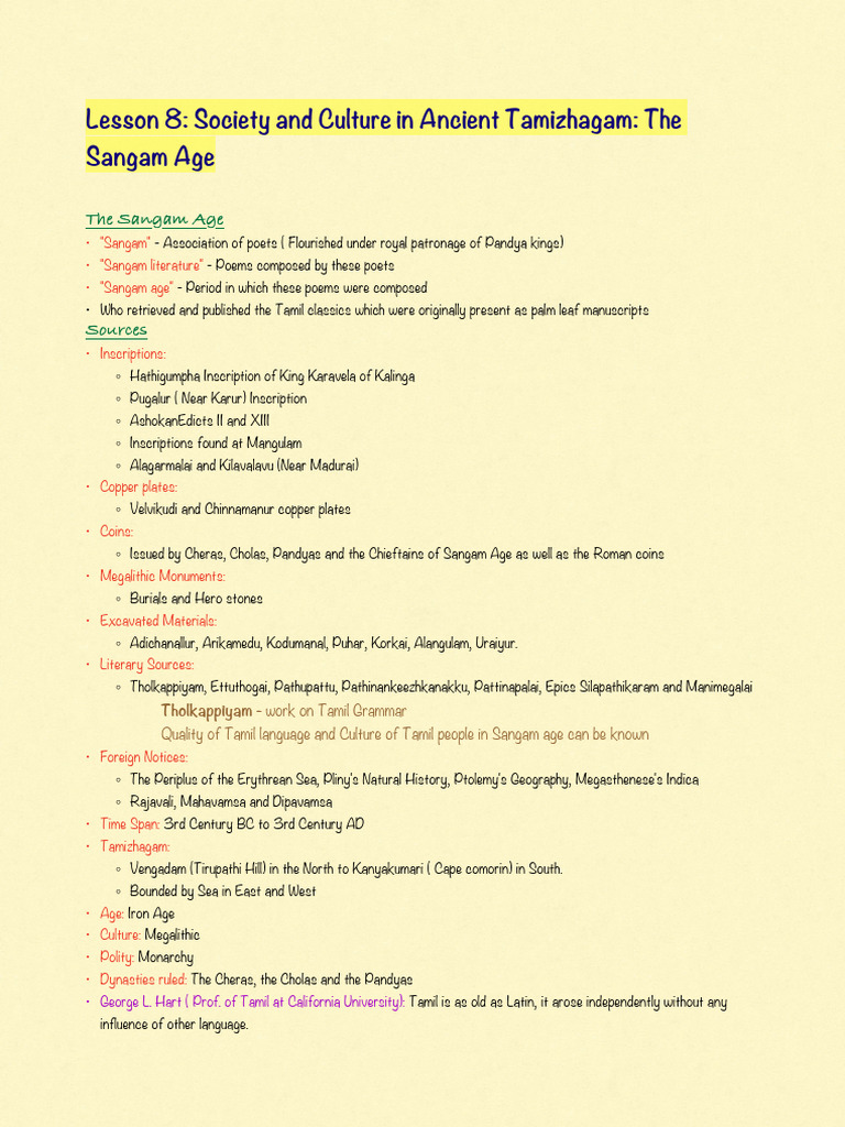 Lesson 8 - Society and Culture in Ancient Tamizhagam - The Sangam Age | PDF | Tamils