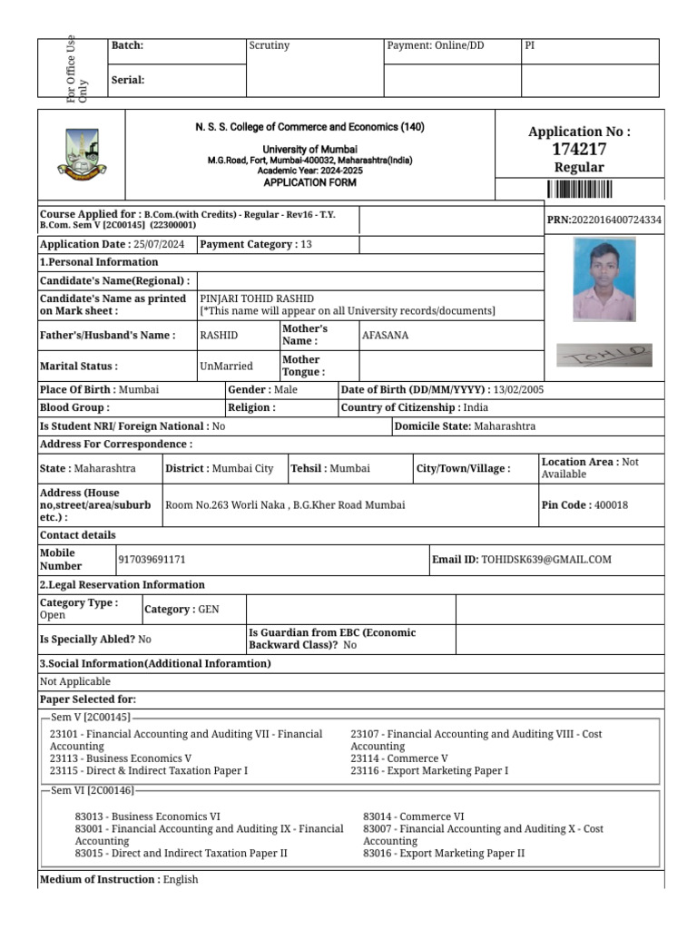 TY . Bcom admission form | PDF | Accounting