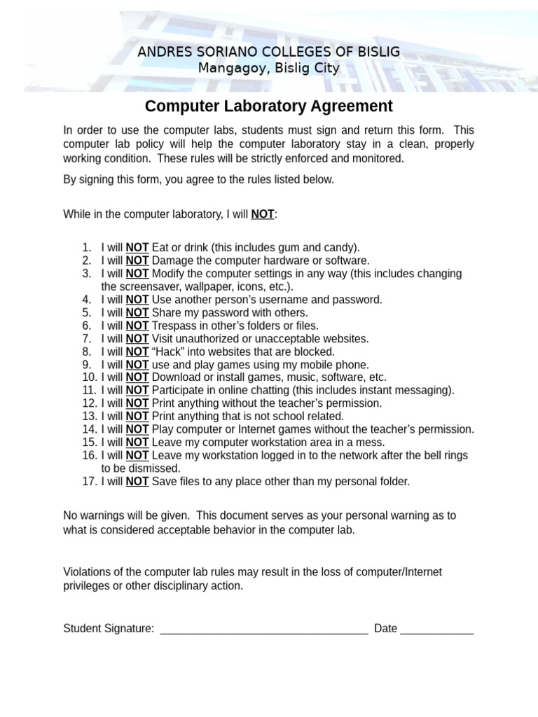 Computer Lab Rules Agreement | PDF | Games & Activities