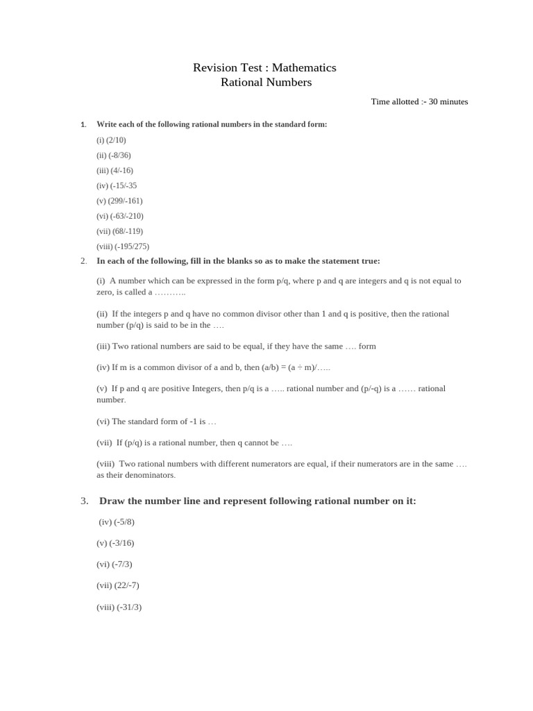 Revision Test Rational Numbers | PDF