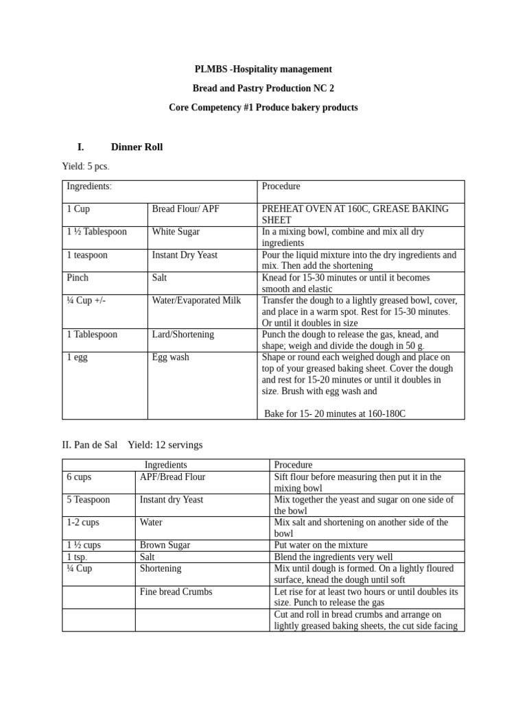 Dinner Roll Tesda Formula | PDF | Breads | Dough