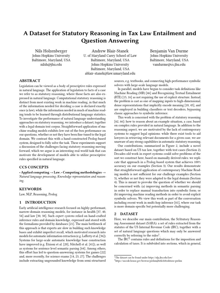 A Dataset For Statutory Reasoning in Tax Law Entailment and Question ...