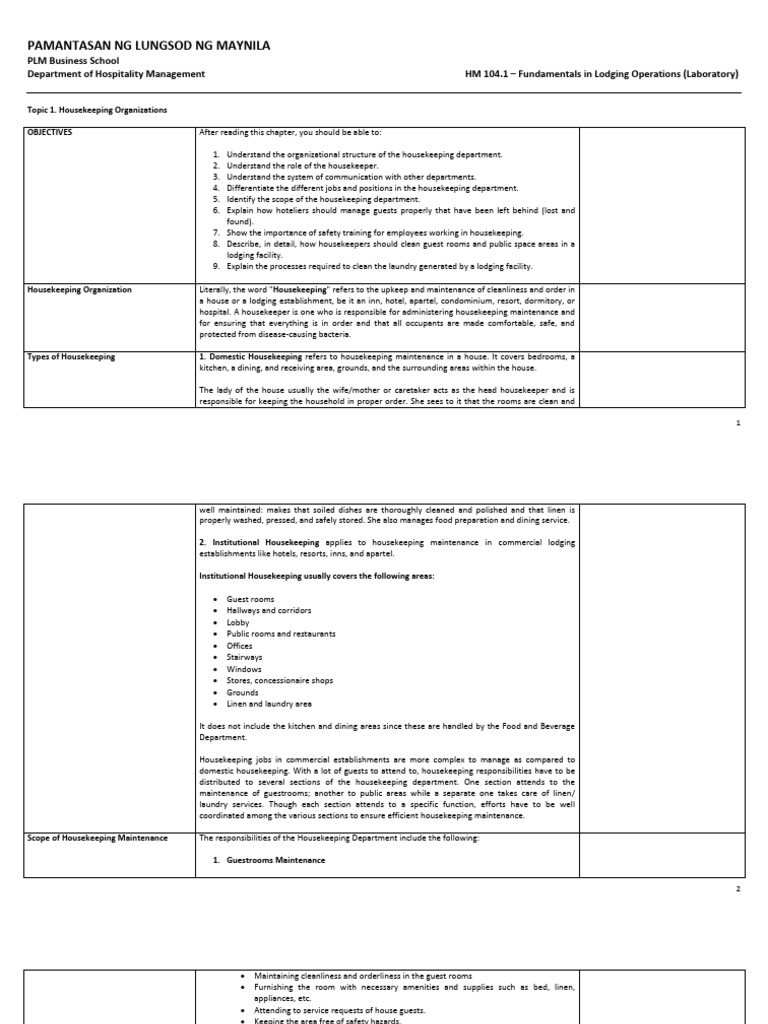 Topic 1. Housekeeping Organizations (Laboratory) | PDF | Housekeeping ...