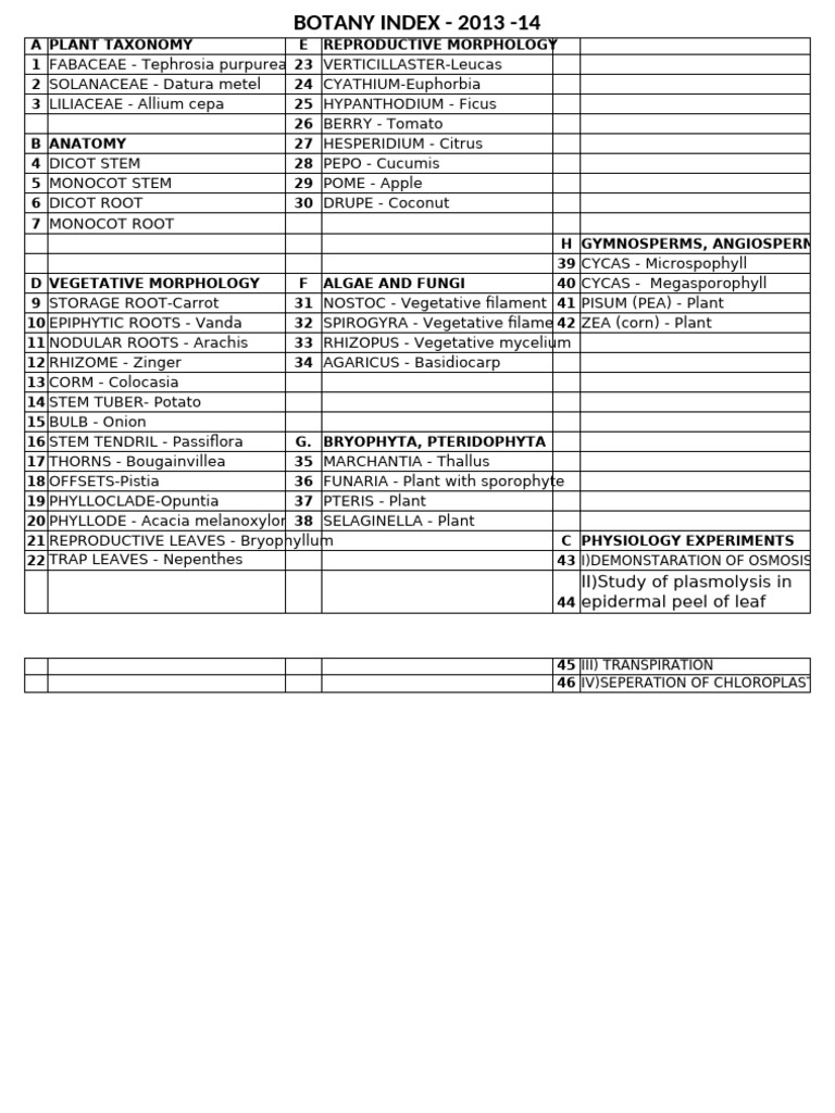 Botany & Zoology & Physics Index - 2024-25 | PDF | Plants | Botany