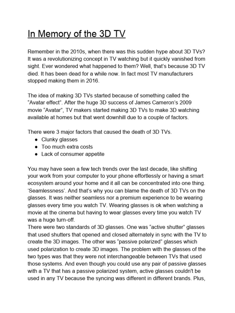 In Memory of The 3D TV | PDF | 3 D Film | Television