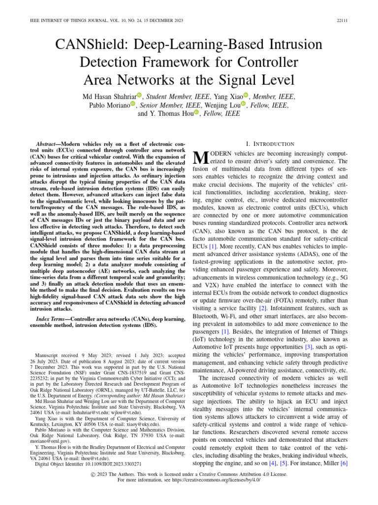 Canshield: Deep-Learning-Based Intrusion Detection Framework For Controller Area Networks at The ...