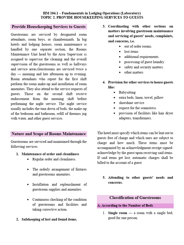 Topic 2. Provide Housekeeping Services To Guests Laboratory | PDF | Bed ...