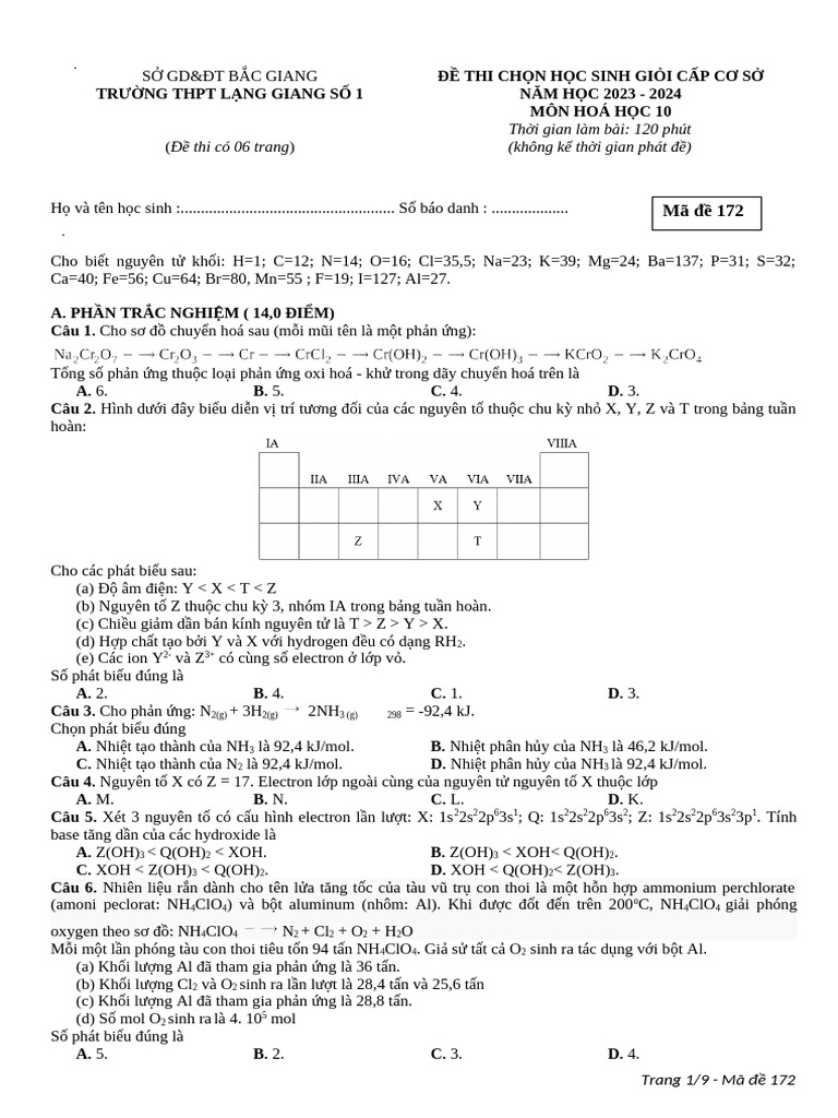 2023-2024 HSG 10 LẠNG GIANG SỐ 1 - HÀ TĨNH (TN+TL) | PDF