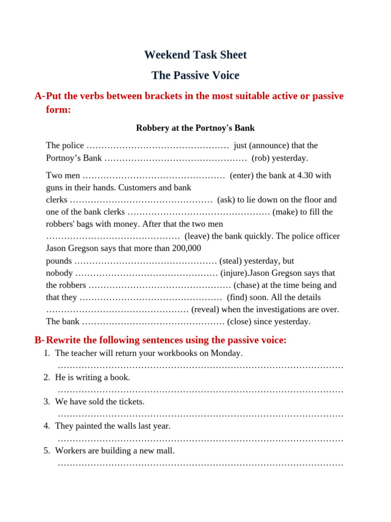Passive Voice Weekend Task Sheet | PDF